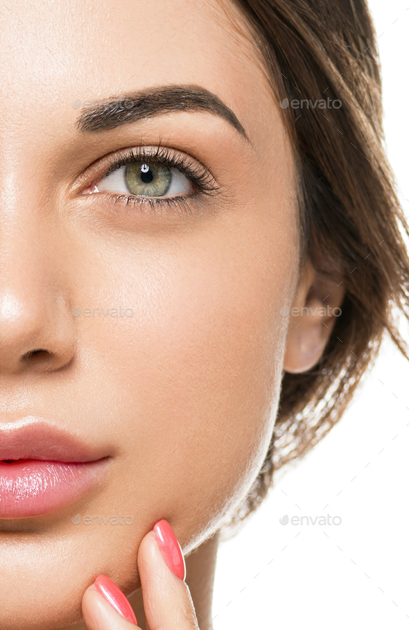 Brunette Healthy Skin Girl Woman Close Up Face Beauty Shine Isolated